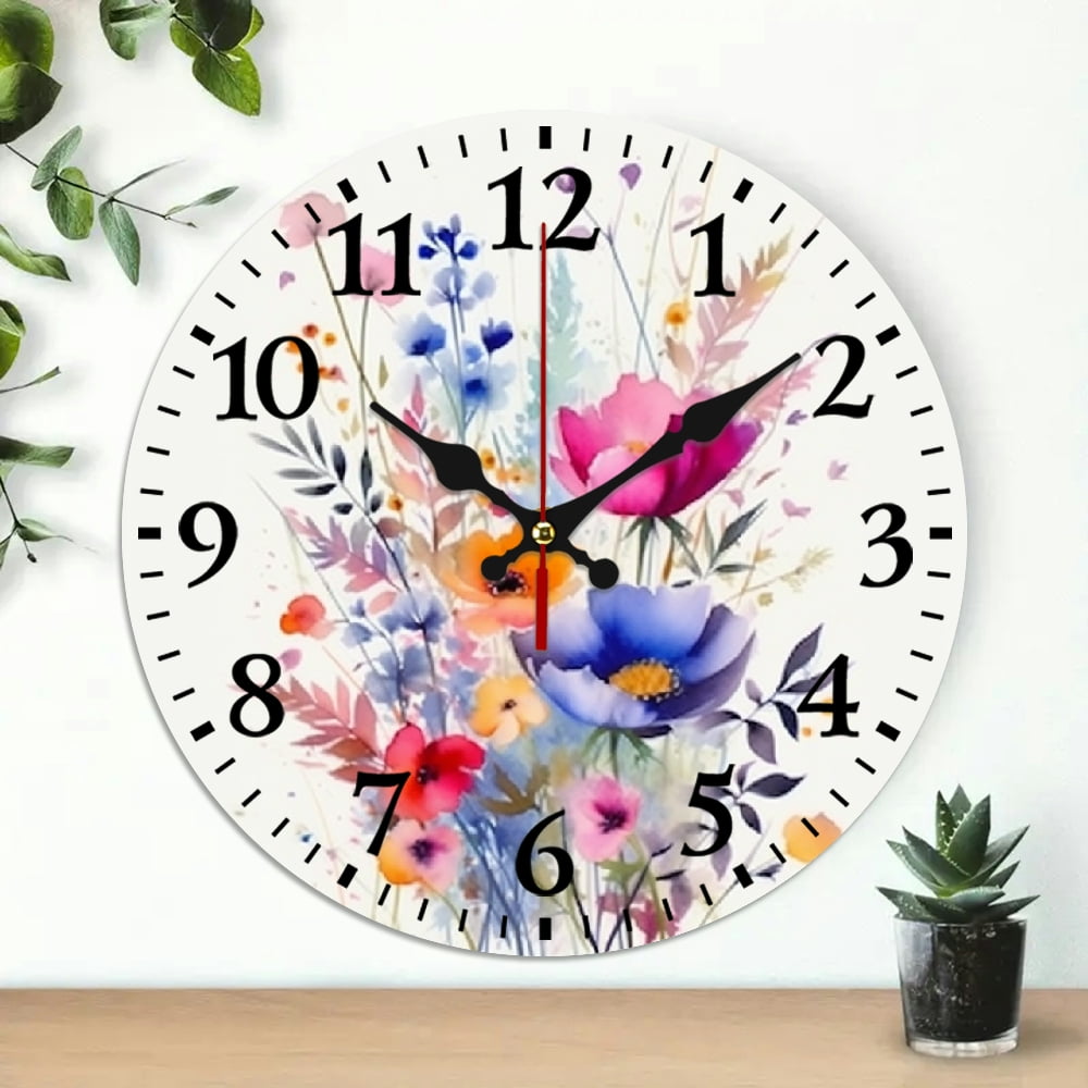 Creowell Flowers Watercolors Bouquet Wooden Wall Clock Wall Art Decor ...