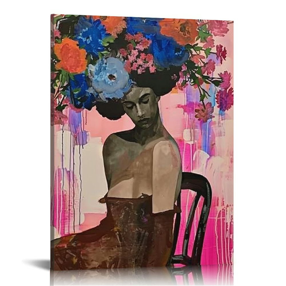 Creowell Framed African American Canvas Wall Art Colorful Flower on Black Women Head Wall Decor ...