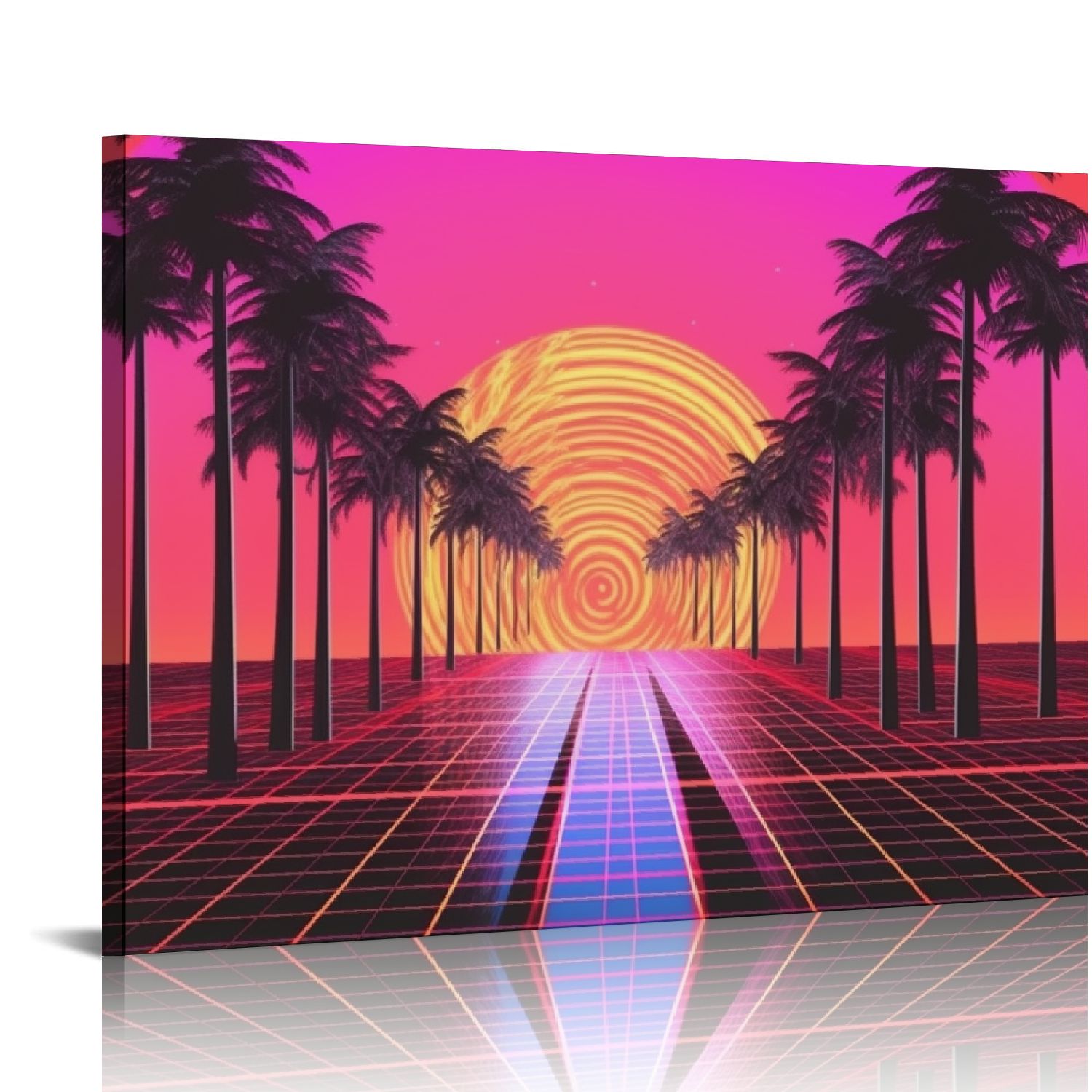 Creowell Framed Wall Art Ready to Hang Retrowave sun and palm trees ...