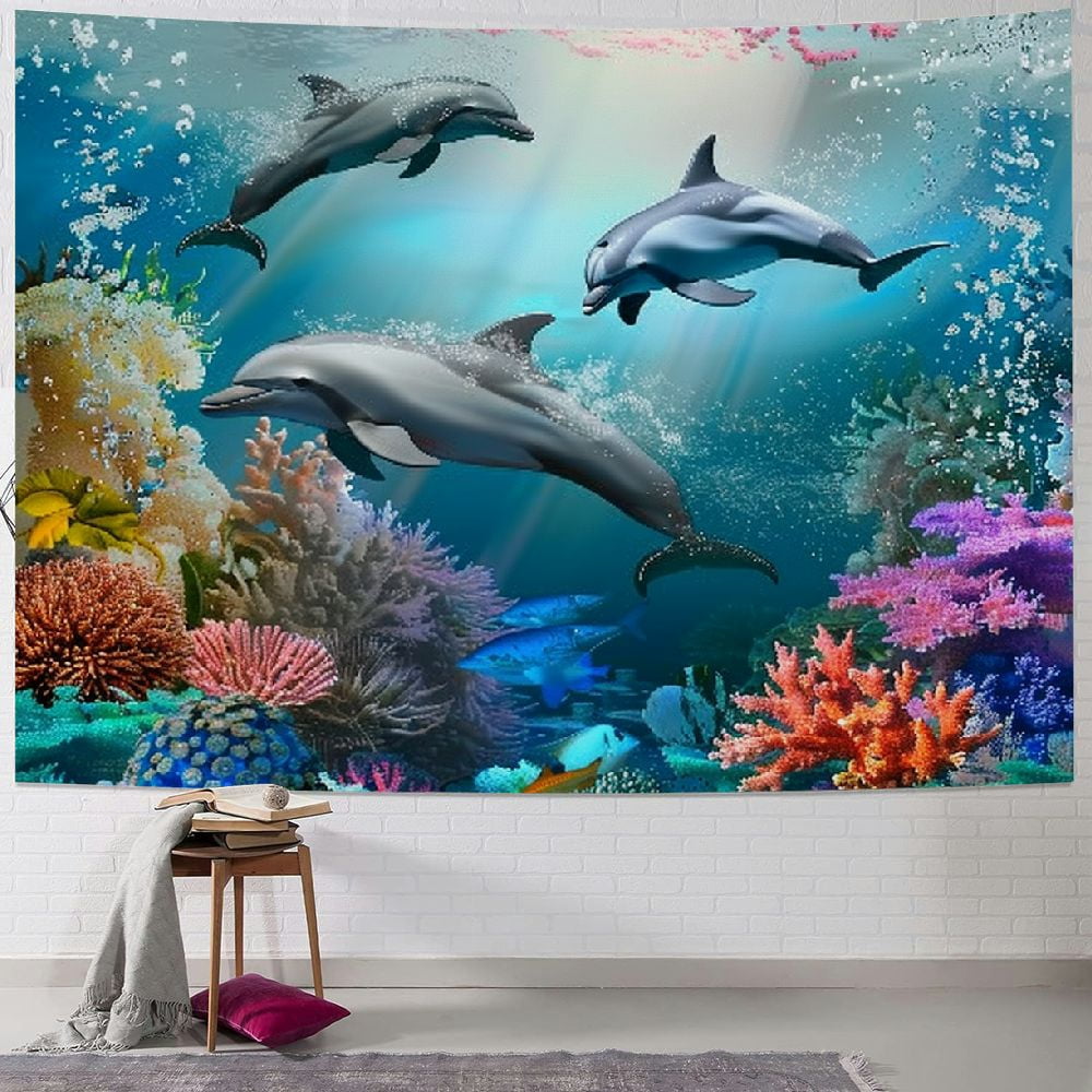 Creowell Funny Dolphin Tapestry Blue Sea Ocean Underwater Fish Coral ...