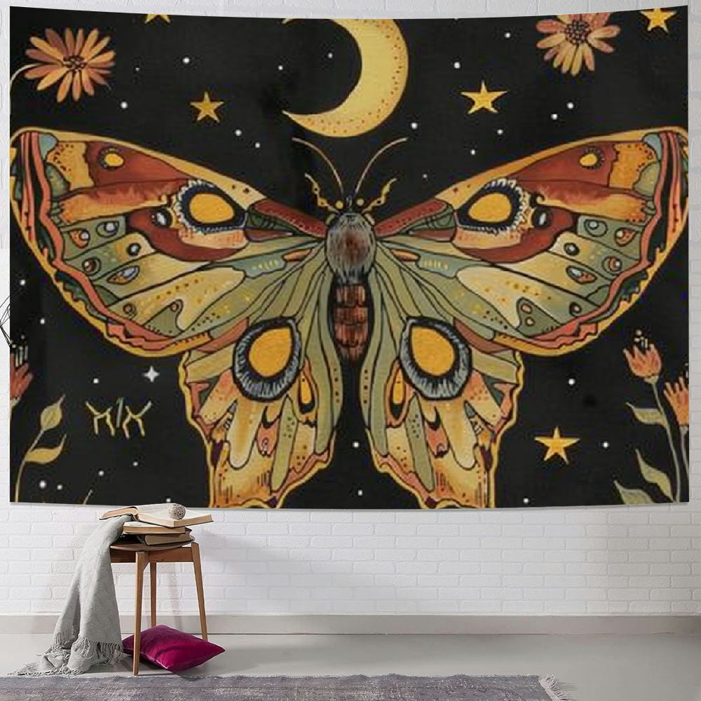 Creowell Gothic Moth Tapestry Sun Moon Star and Florals Witchy Gifts ...