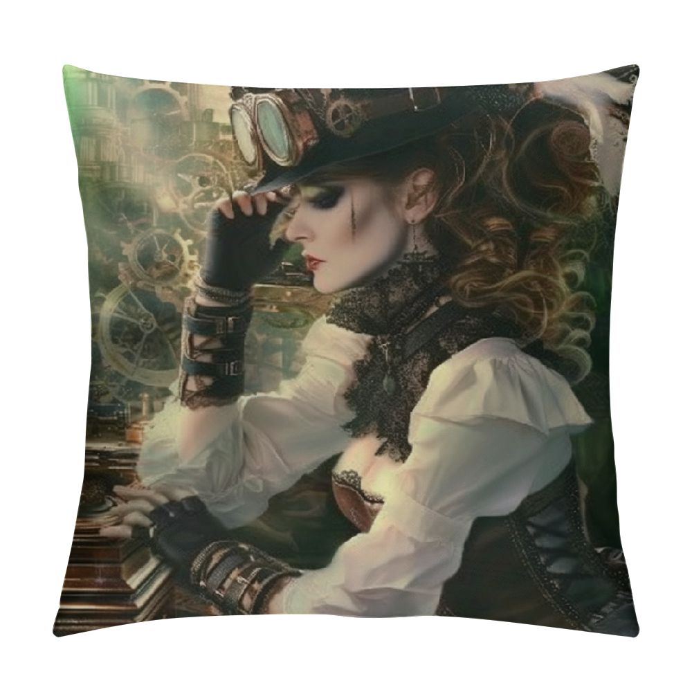 Creowell Gothic Throw Pillow Cushion Cover, Portrait of Steampunk Woman ...