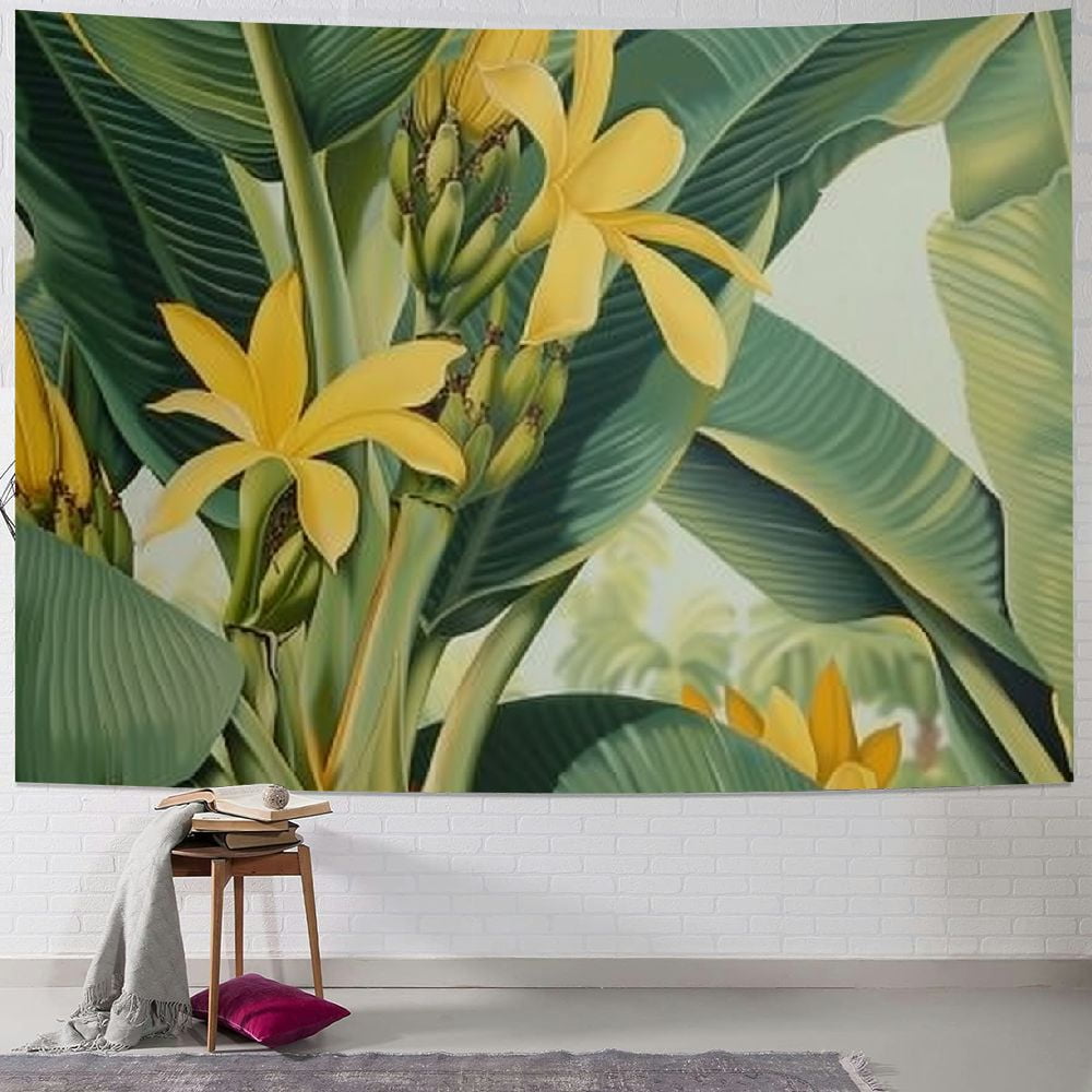 Creowell Green Leaf Tapestry Tropical Palm Tree Leaf with Banana on ...