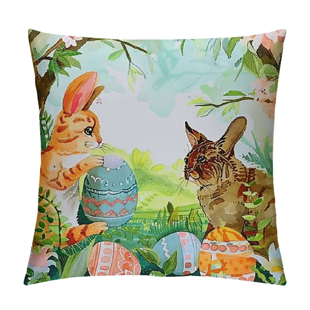 Creowell Happy Easter Pillow Covers , Spring Rabbits Flower Decorative ...