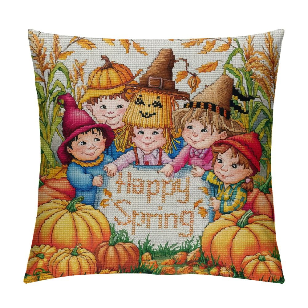 Creowell Happy Spring Decorative Throw Pillow Cover, Scarecrows Maple ...