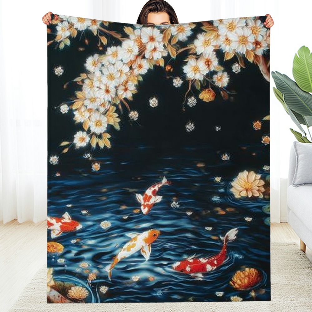 Creowell Home Leisure Flannel Blanket Pond Koi Fish Flowers Soft Warm ...