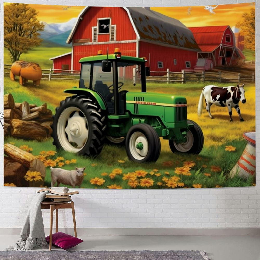 Creowell Horse Barn Tractor Tapestry Wall Decor Blanket Short Plush ...
