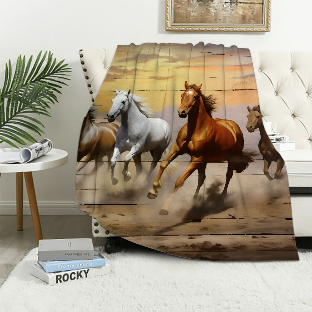Creowell Horses Running Fence Print Throw Blanket for Bed Sofa Living ...