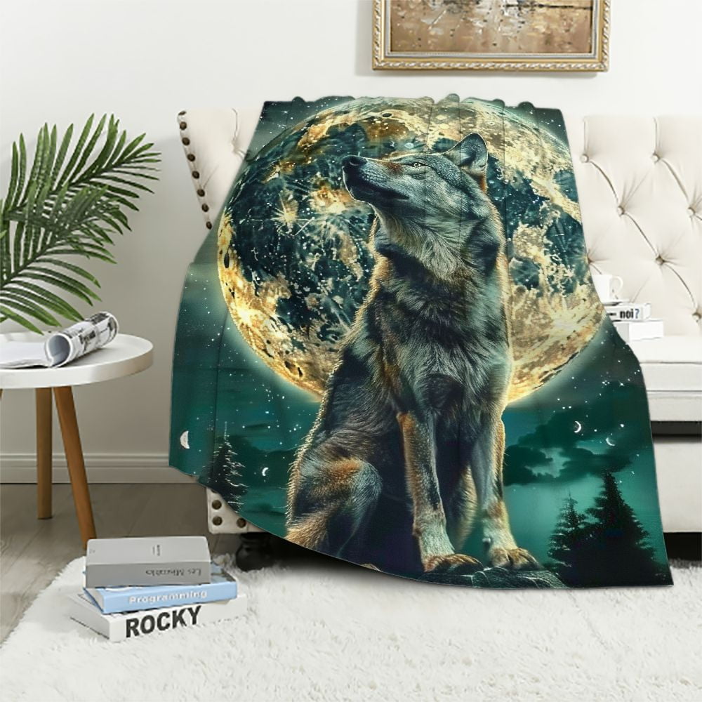 Creowell Howling Wolf Blanket for Bed Moon Throw Blanket for Women, Men ...
