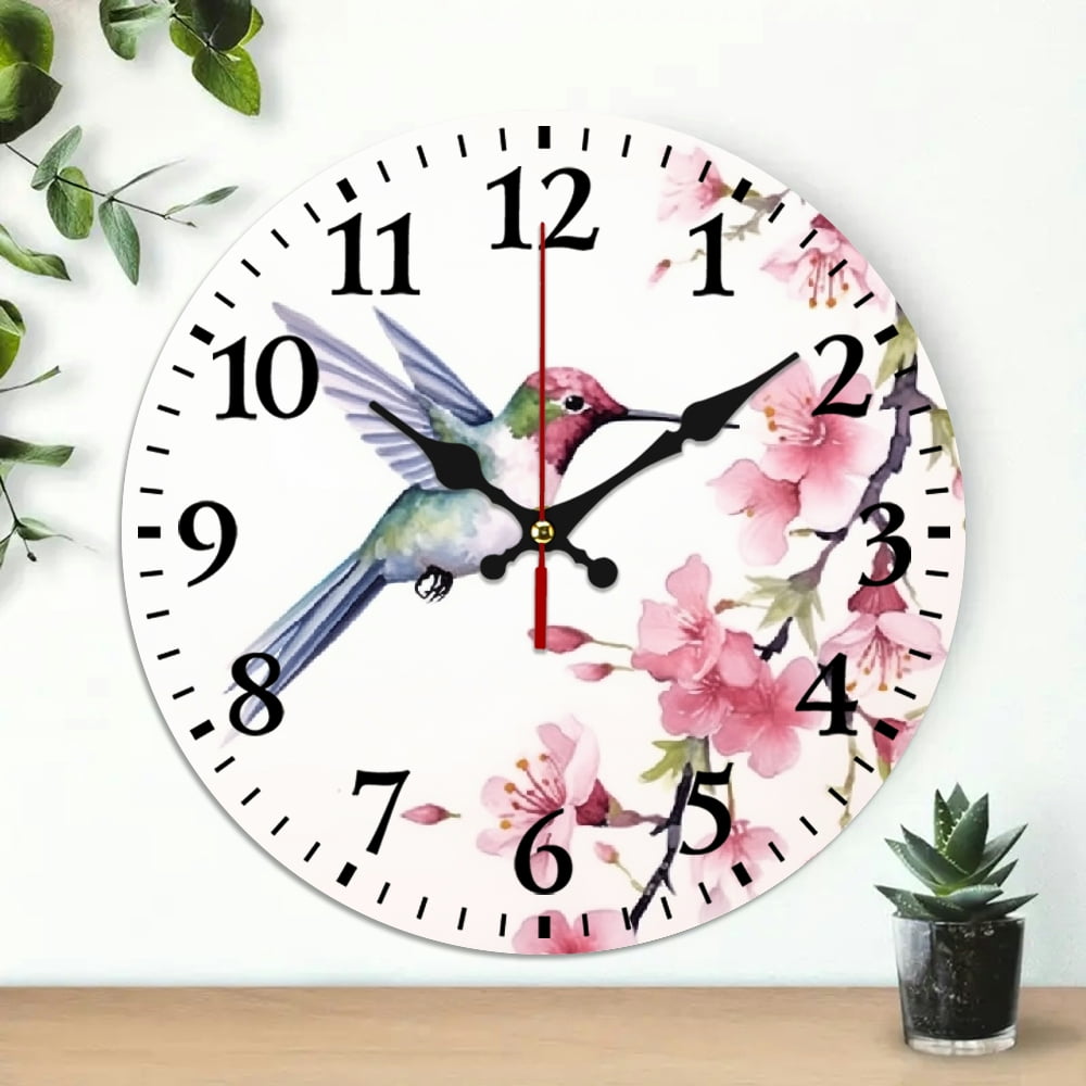 Creowell Hummingbird Flowers Branches Round Wooden Wall Clock 10 Inch ...