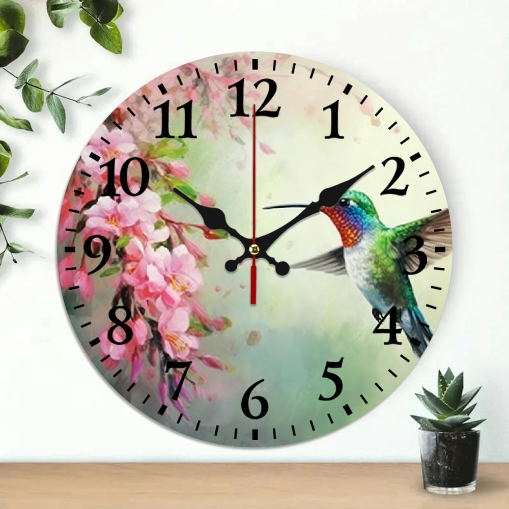 Creowell Hummingbird Flowers Trees Round Wooden Wall Clock Silent ...