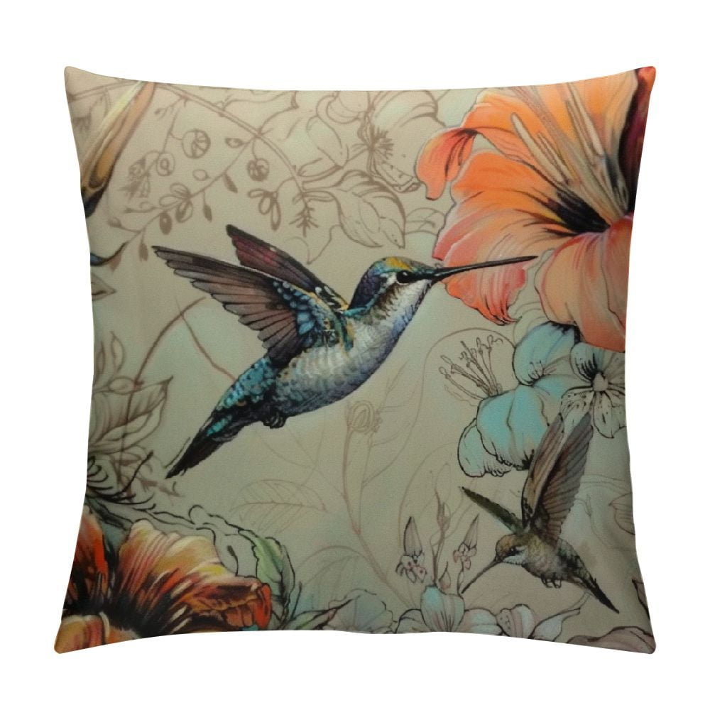 Creowell Hummingbird Throw Pillow Cushion Cover, Birds and Hibiscus ...
