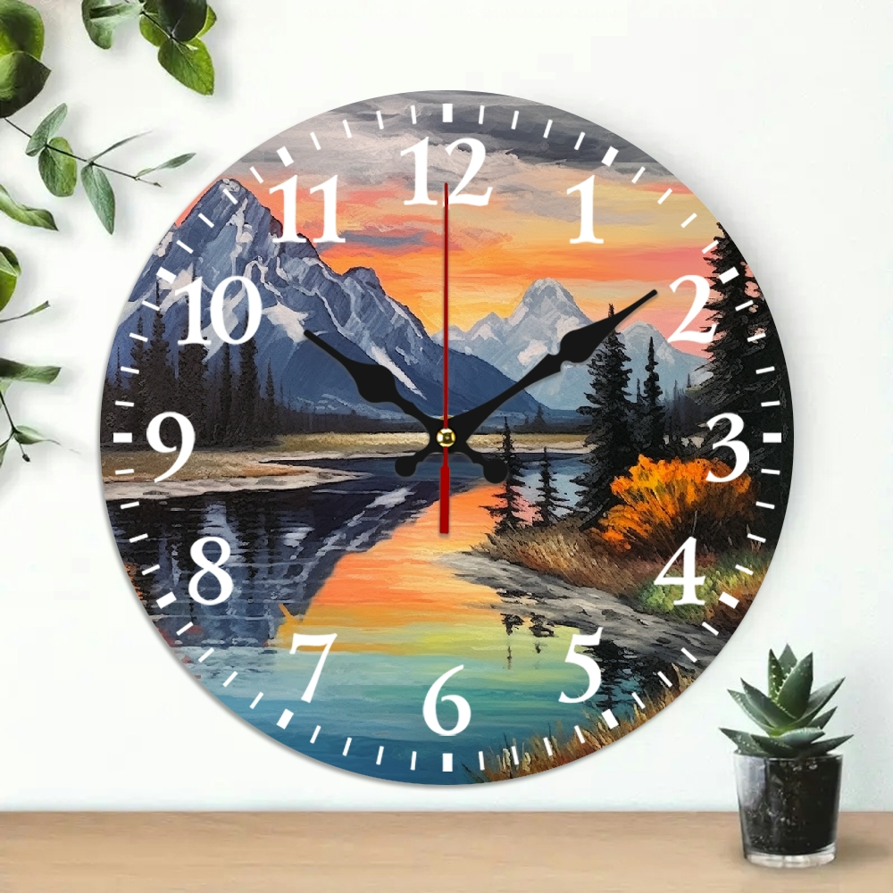 Creowell Impressionist Painting Trees Lake Round Wooden Wall Clock ...