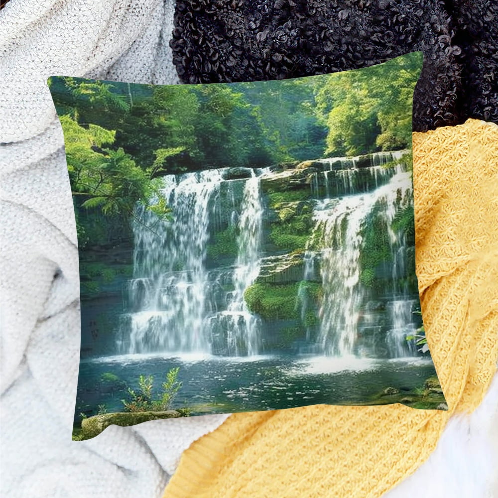 Creowell Indoor Outdoor Waterfall Trees Pond Pillow Cover 100% Linen ...
