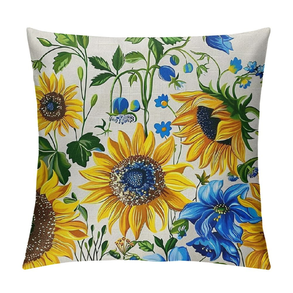 Creowell Ink Painting Watercolor Yellow Sunflowers Blue Flowers Summer ...