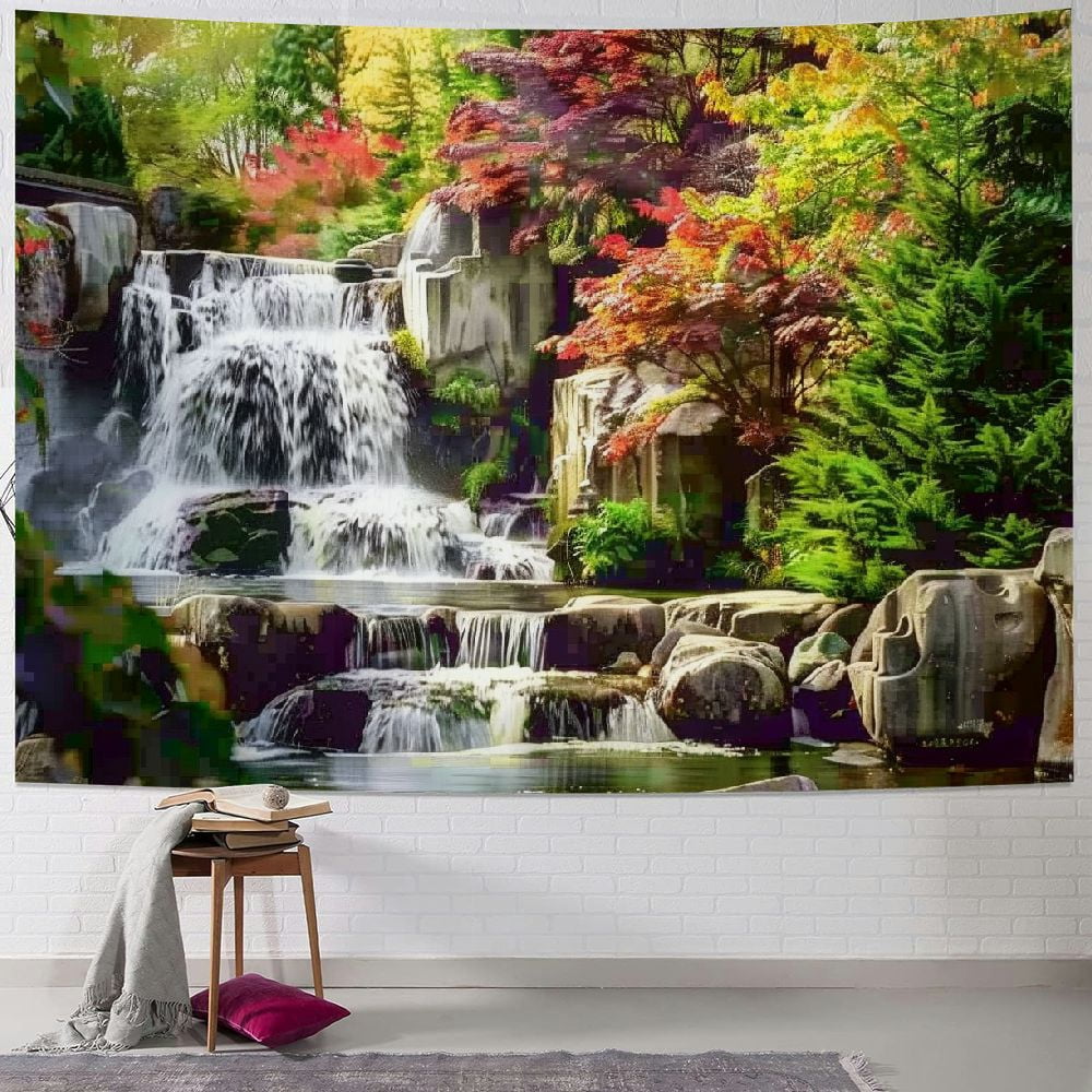 Creowell Japan Garden Landscape Tapestry Retro Park Waterfall Maple ...