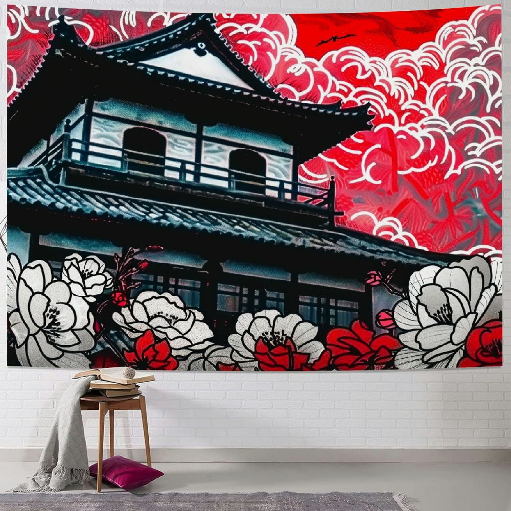 Creowell Japan Pagoda Tapestry Dragon Full Moon Auspicious Clouds ...
