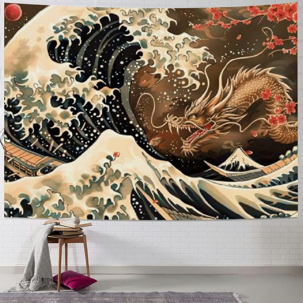 Creowell Japanese Dragon Tapestry For Bedroom Aesthetic Sunset Cherry ...