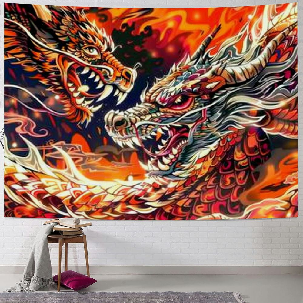 Creowell Japanese Dragon Tiger Fighting Wall Tapestry Fantasy Mythology ...