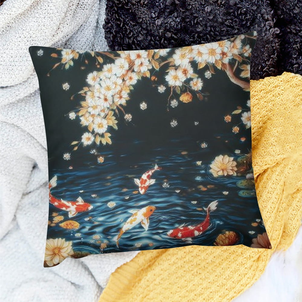 Creowell Japanese Style Pillow Cover,Cherry Blossoms and Koi Fish Throw ...