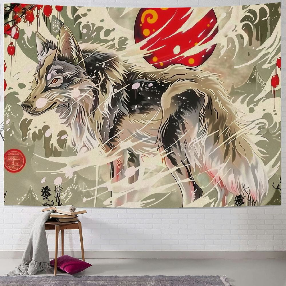 Creowell Japanese Tapestry White Cool Wolf Red SunTapestry Sea Wave ...