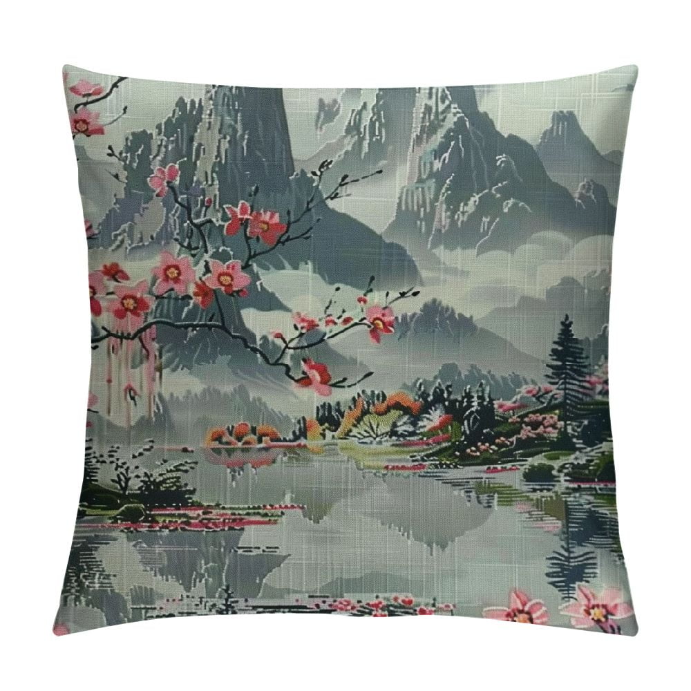 Creowell Japanese Watercolor Spring Pillow case, Mount Fuji with Cherry ...