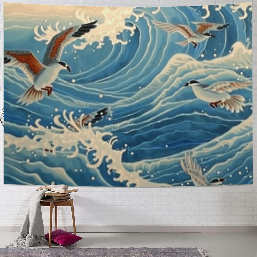 Creowell Japanese Wave Tapestry Photo Backdrop Oriental Sea Cranes ...