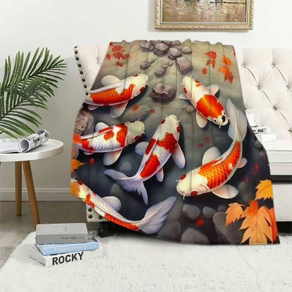 Creowell Koi Fish Autumn Leaves Flannel Throw Blanket for Couch Sofa ...