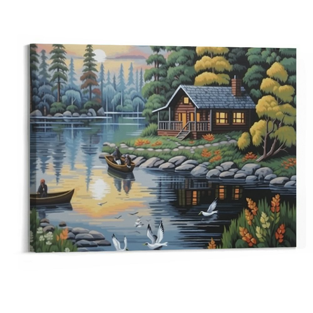 Creowell Lake Landscape Picture - Cabin Lakeside Oil Painting Pictures ...