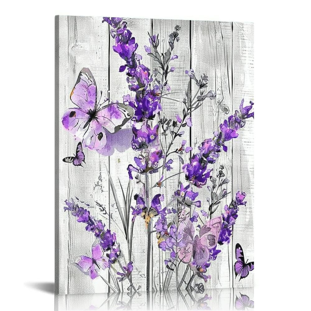 Creowell Lavender Flower Wall Art Purple Butterfly with Floral Canvas ...