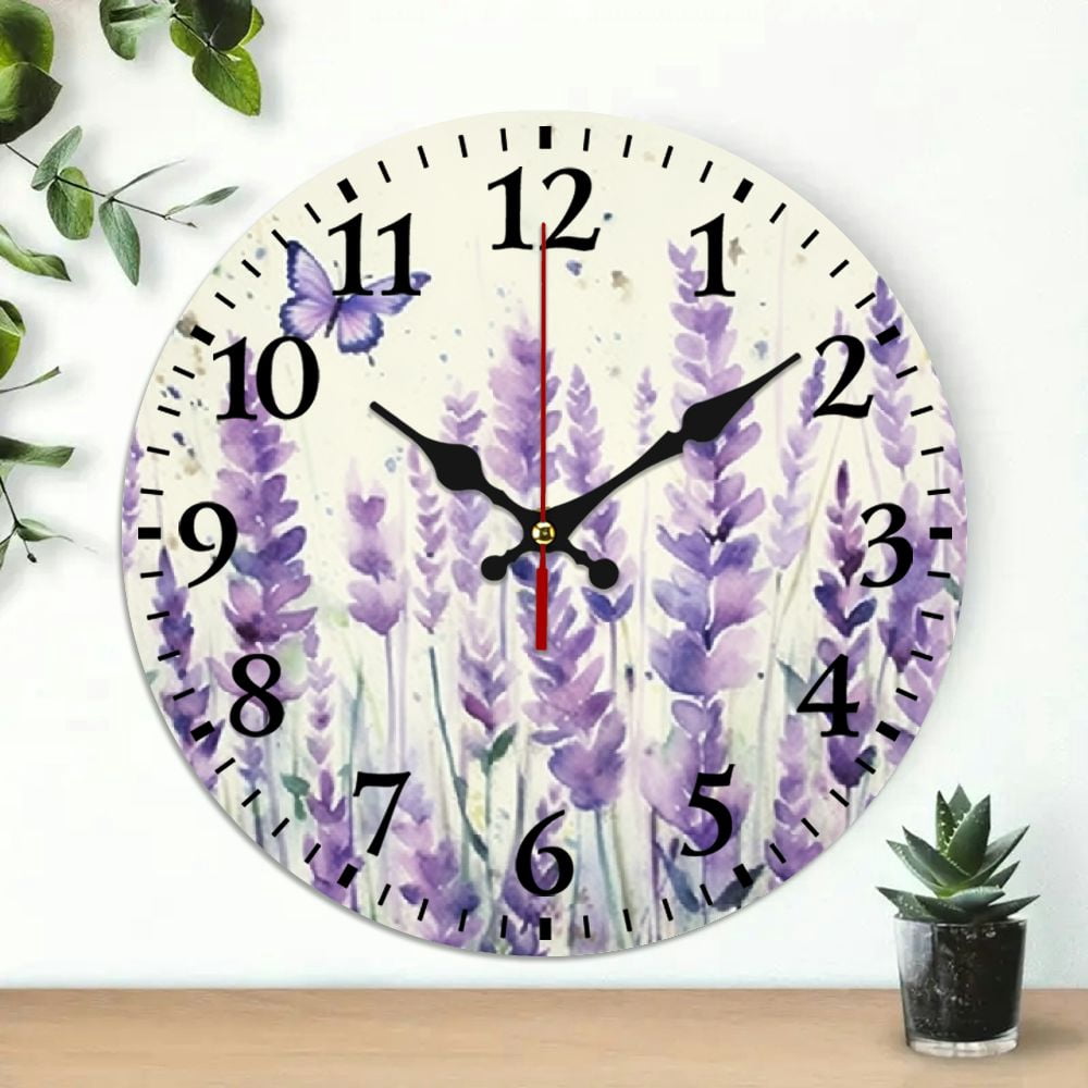 Creowell Lavender Flowers Butterflies Field of Grass Wall Hanging Clock ...