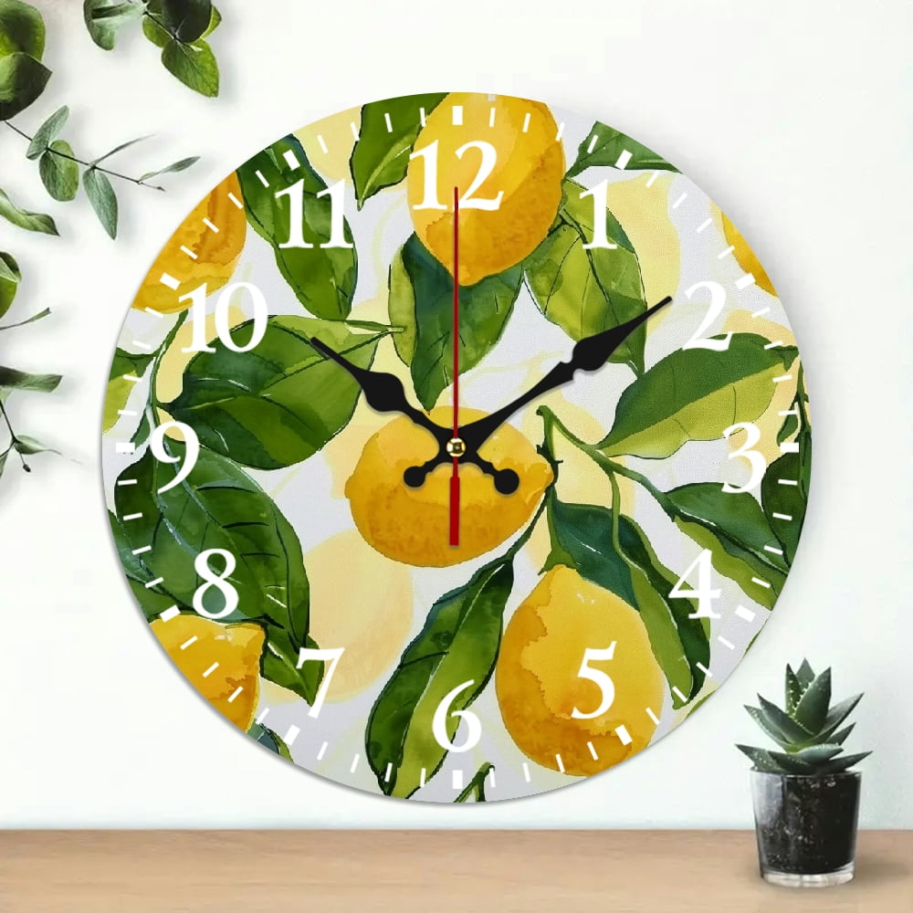Creowell Lemons Green Leaves Wooden Wall Clock 10 Inch Frameless Decor ...