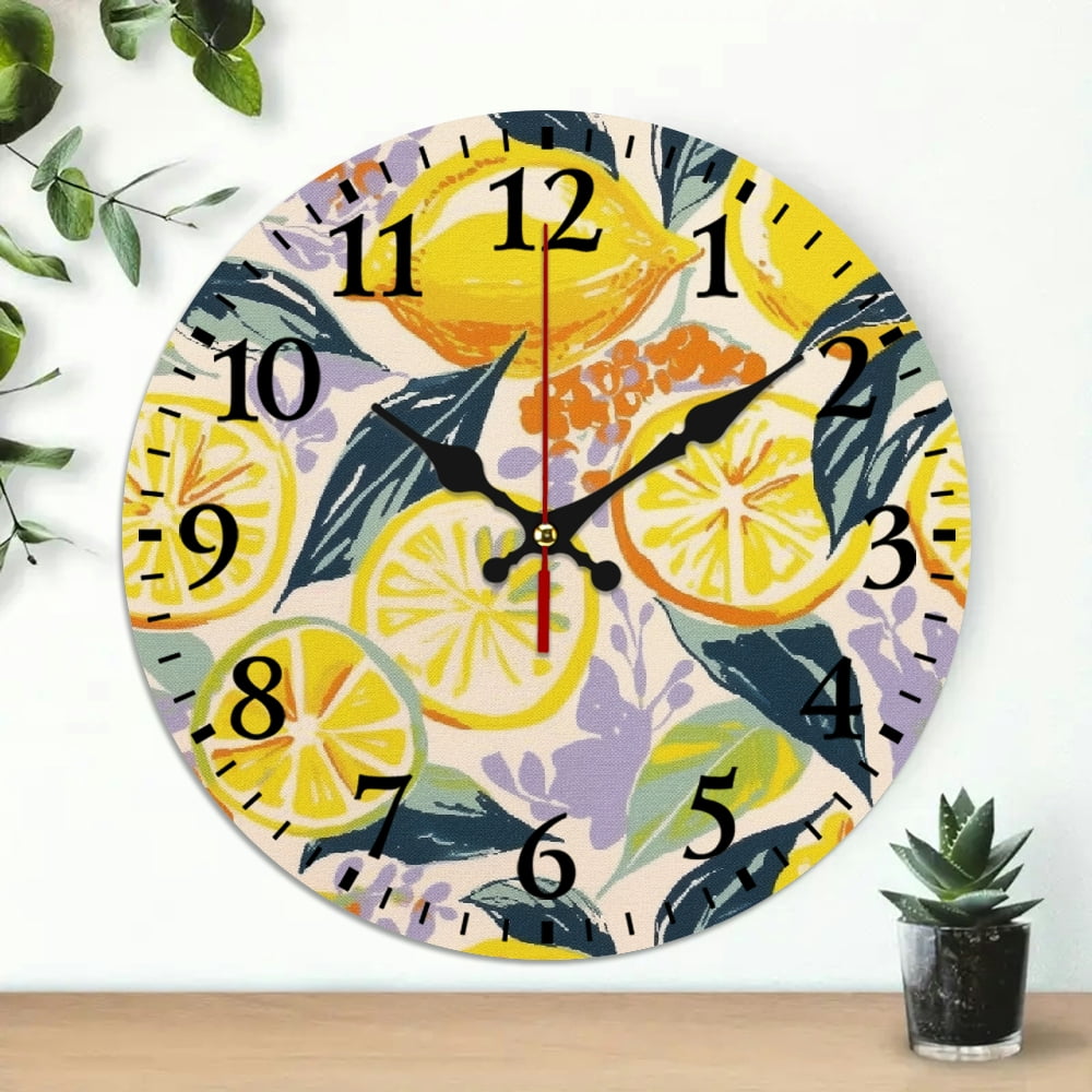 Creowell Lemons Leaves Pattern Round Wooden Wall Clock 10 Inch 10x10in ...
