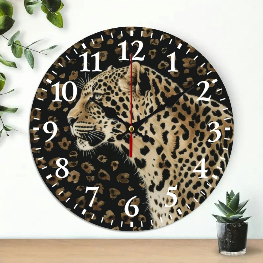Creowell Leopard Print Wooden Wall Clock Battery Operated 10 Inch ...