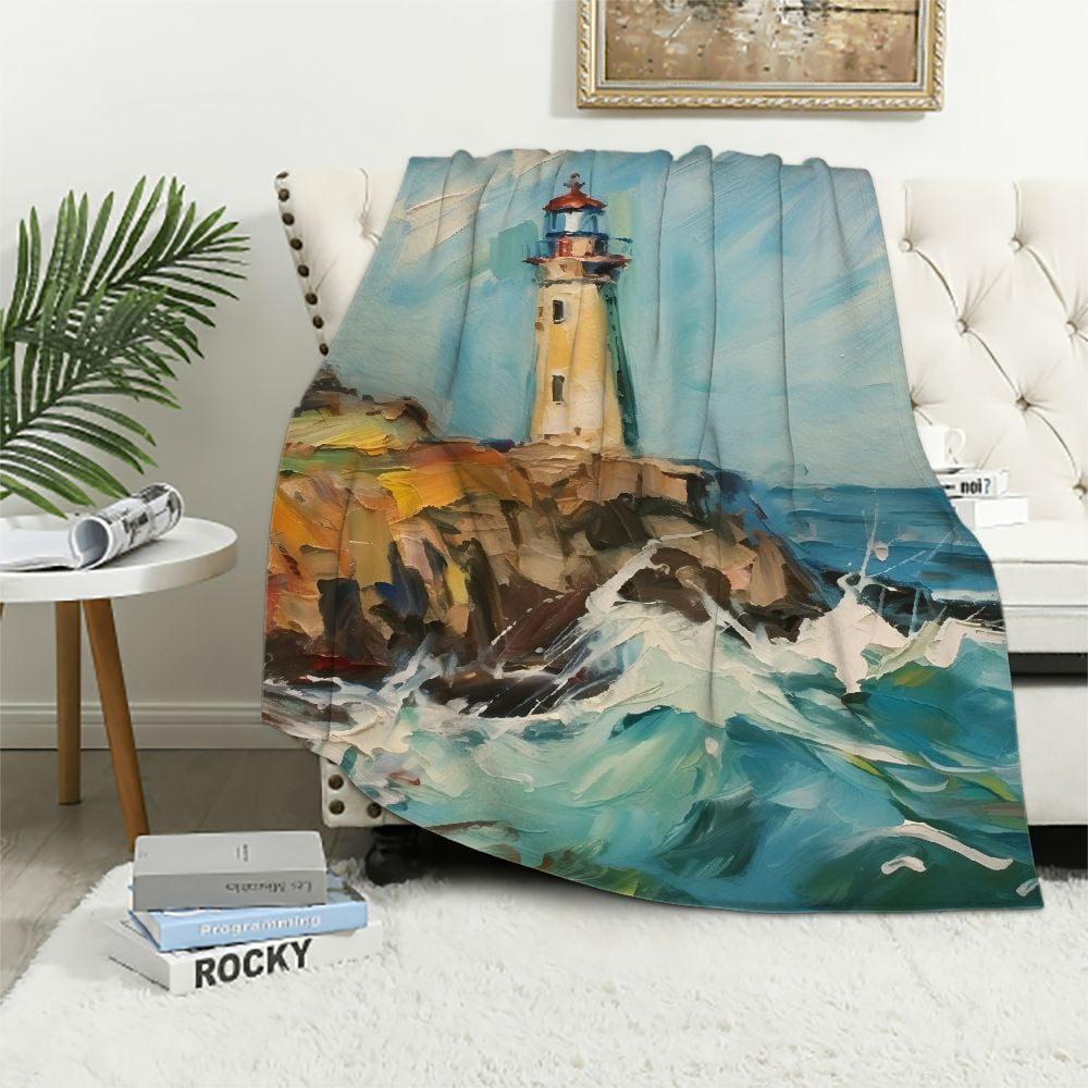 Creowell Lighthouse Rocky Shore Body of Water Print Throw Blanket for ...