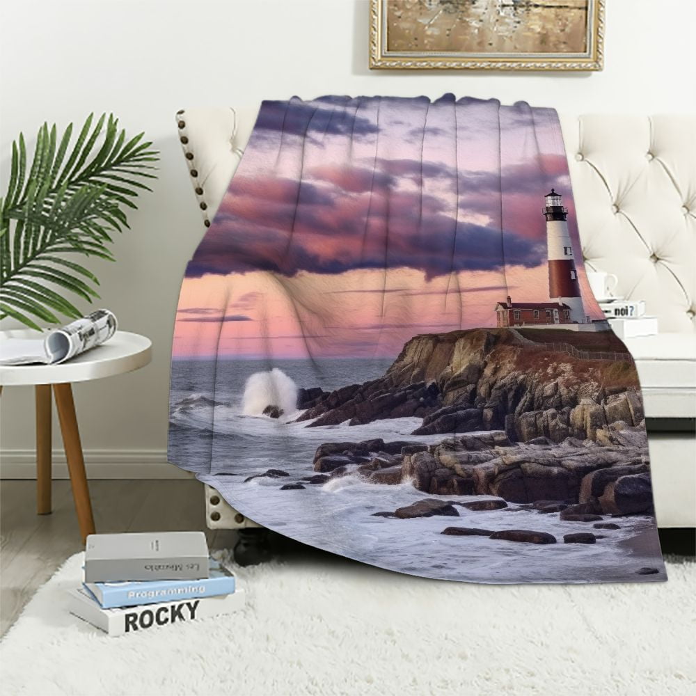 Creowell Lighthouse Rocky Shore Pink Sky Print Throw Blanket for Bed ...
