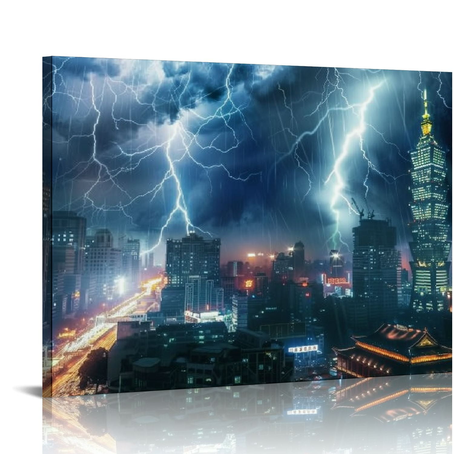 Creowell Lightning Over City Photography Canvas Wall Art - Picture Print on Canvas Art Modern ...