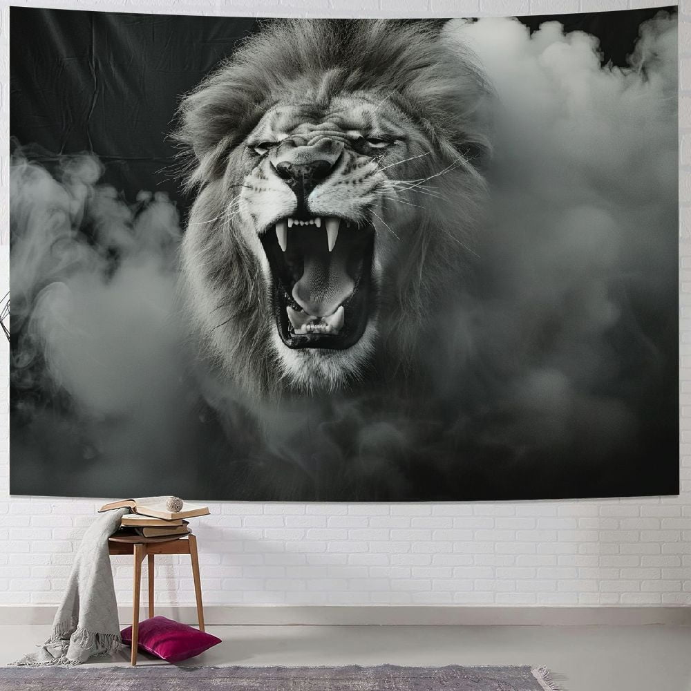 Creowell Lion Tapestry, Wild Animal African Lion on Black Background ...