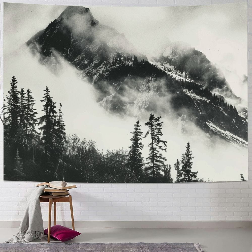 Creowell Misty Mountains Tapestry Forest Trees Wall Hanging Black and ...