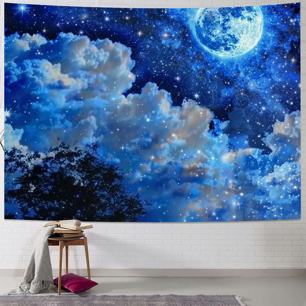 Creowell Moon Tapestry Blue Sky Night Cloud Crescent Tapestry a Large Flannel Fabric Moonlight ...