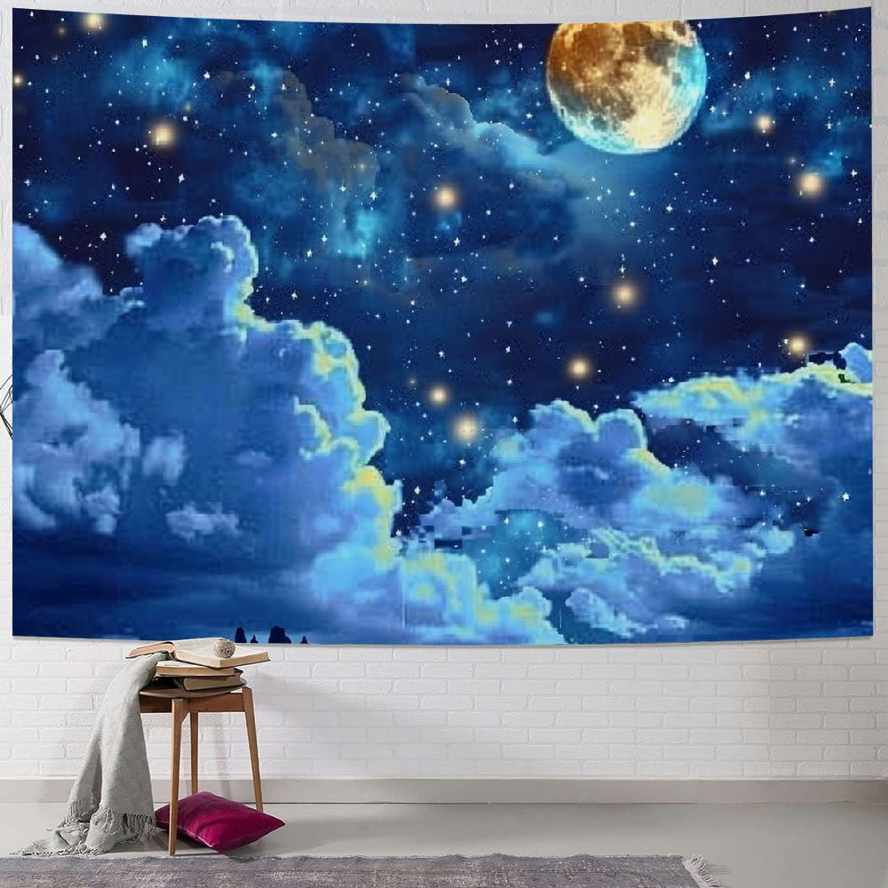 Creowell Moon Tapestry Blue Sky Night Cloud Crescent Tapestry a Large Flannel Fabric Moonlight ...