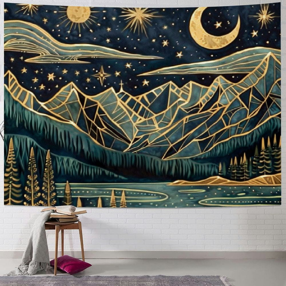 Creowell Mountain Forest Tapestry Boho Landscape Moon Stars Tapestry ...