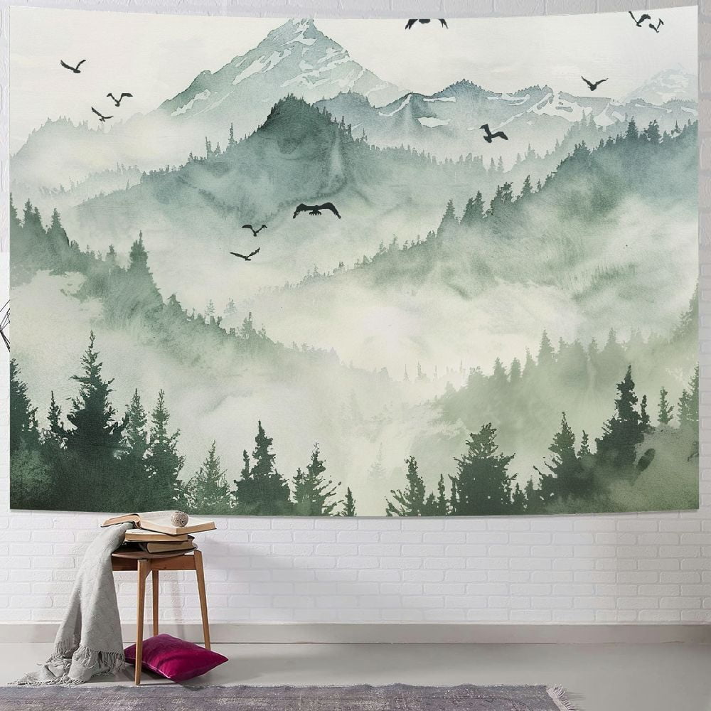 Creowell Mountain Forest Tapestry, Misty Foggy Sage Green Tree ...