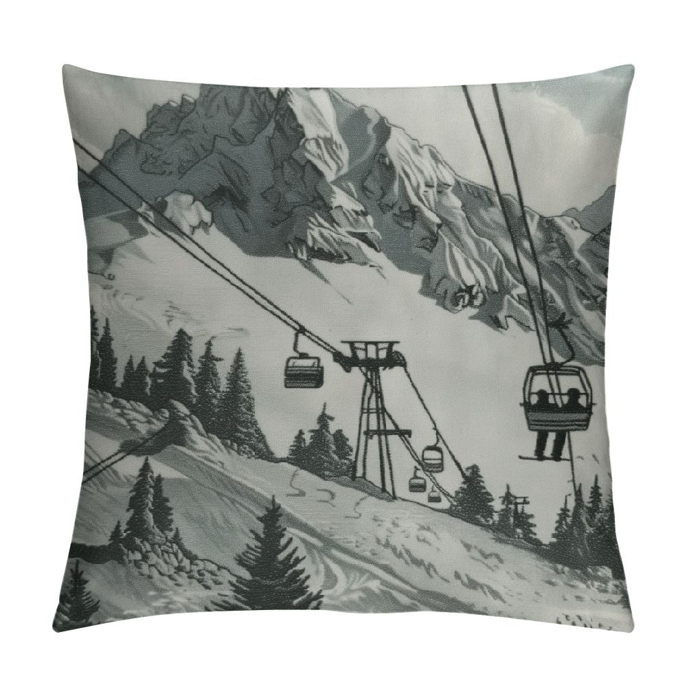 Creowell Mountain Ski Lift Throw Pillow Case Sketch White Wintertime ...