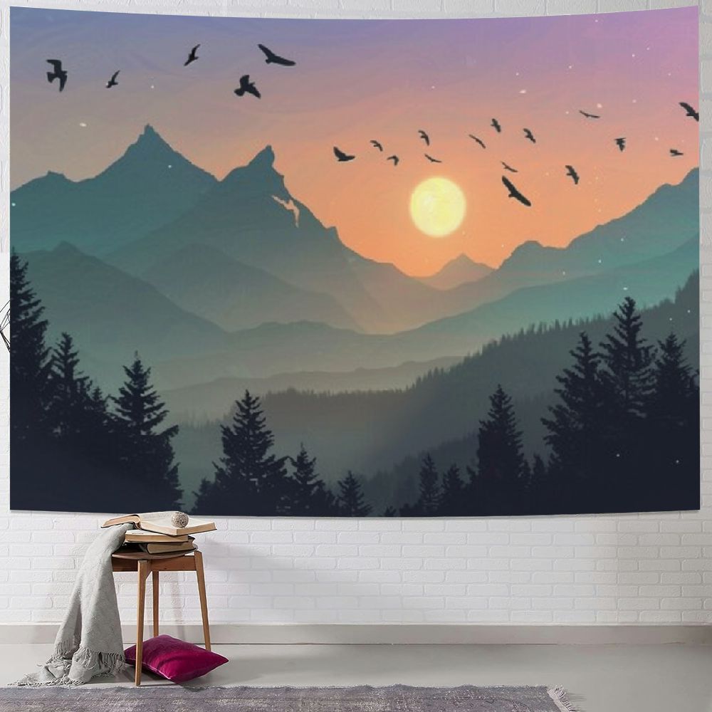 Creowell Mountain Tapestry Misty Forest Tree Wall Tapestry Nature ...