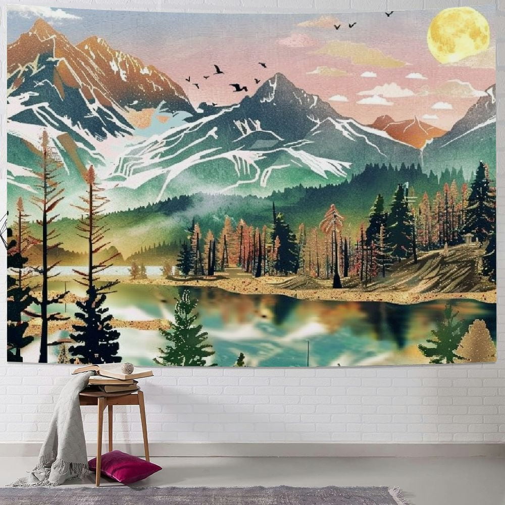 Creowell Mountain Tapestry, Nature Forest Tree Lake Landscape ...