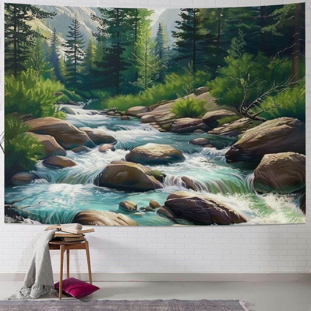 Creowell Nature Forest Mountain Tapestry Green Pine Tree Leaf Lake ...