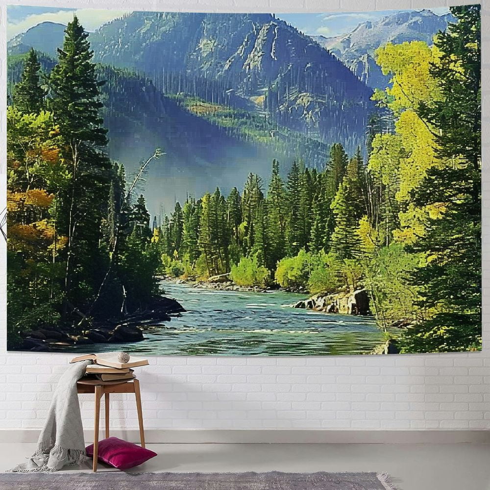 Creowell Nature Mountain Forest Tapestry, Scenic Green Pine Tree ...