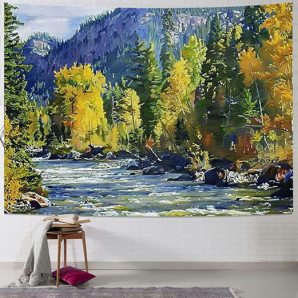Creowell Nature Mountain Forest Tapestry, Scenic Green Pine Tree ...