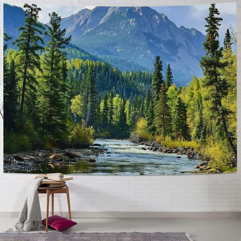 Creowell Nature Mountain Forest Tapestry, Scenic Green Pine Tree ...